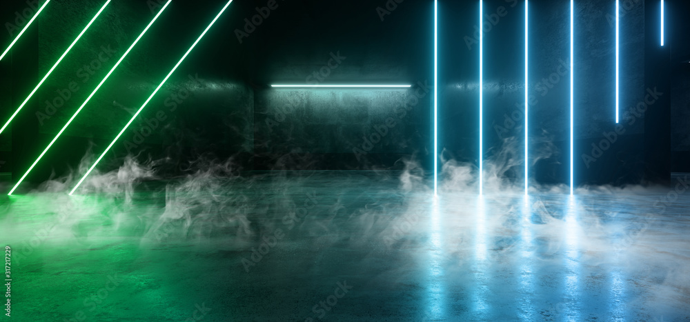 Sci Fi Stage Neon Smoke Glowing Pantone Blue Green laser Neon Lines ...