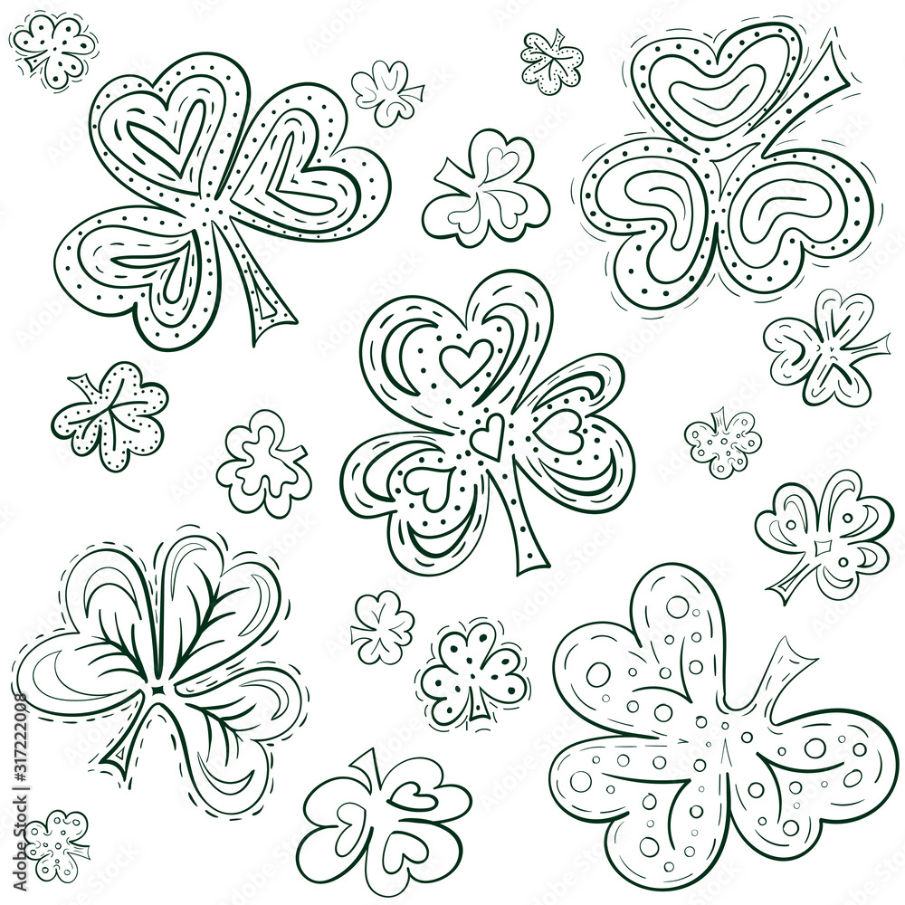Set of doodle shamrock leaves different shape and decoration. Hand ...
