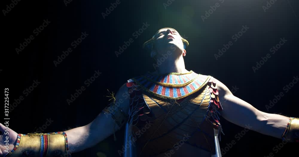 Vídeo do Stock: Ancient egyptian ritual, pharaoh is raising his arms up ...