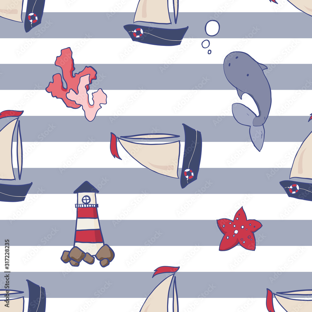 Seamless ocean pattern with lighthouse, ship, satrfish, etc.Vector ...
