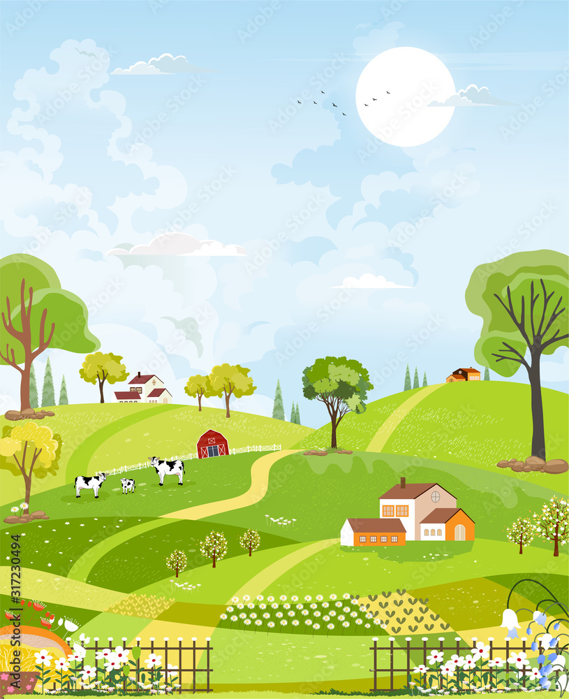 Rural farm landscape with green fields, farm house, barn, animals cow ...