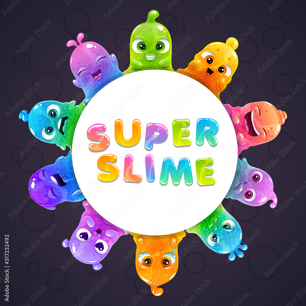 Funny slime frame with cute cartoon slimy characters. Stock Vector ...