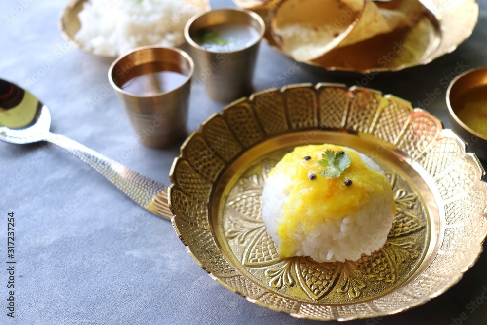 Healthy Indian comfort food Dal Chawal thali or Dal Rice. Served in ...