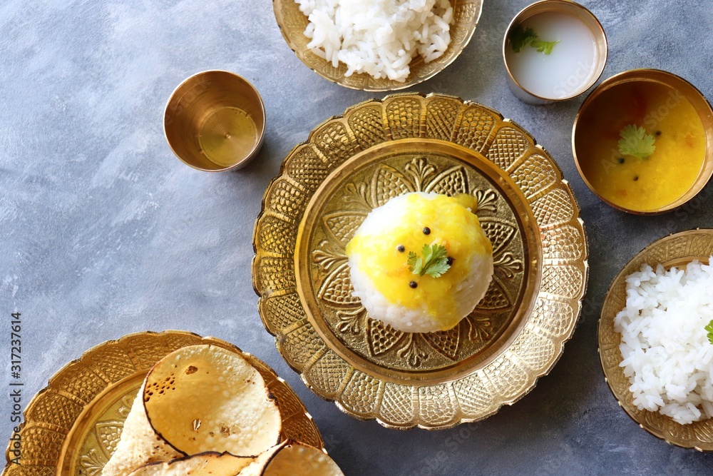 Healthy Indian comfort food Dal Chawal thali or Dal Rice. Served in ...