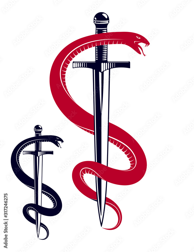 Snake and Dagger, Serpent wraps around a sword vector vintage tattoo ...