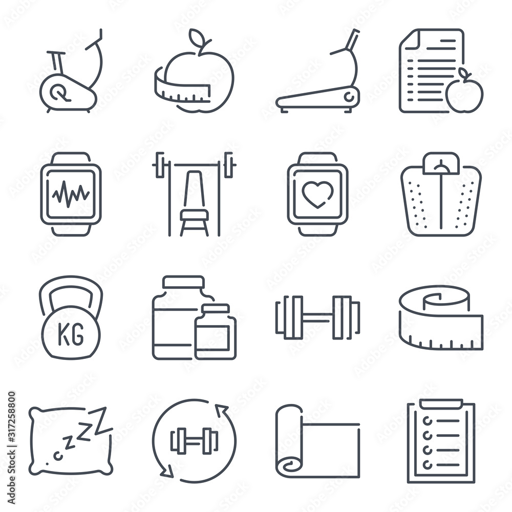 Gym and Fitness related line icon set. Sport exercises linear icons ...
