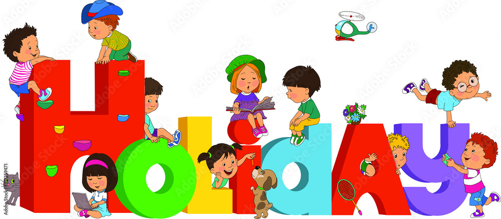Vector illustration. School break. Happy children have fun in ...