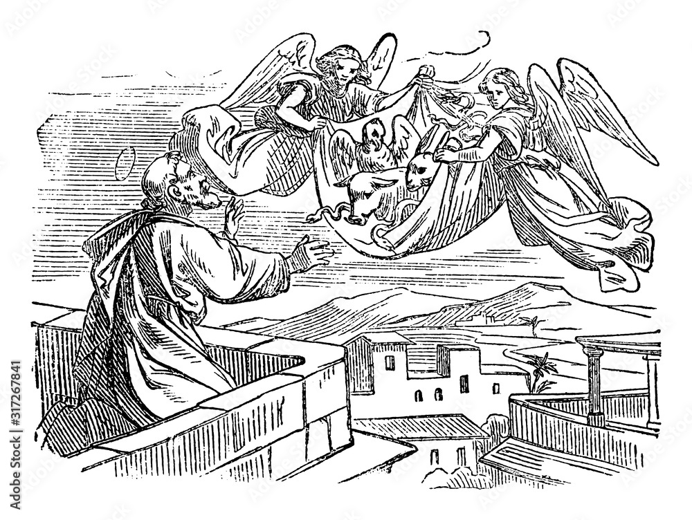 Antique vintage biblical religious engraving or drawing of story of ...