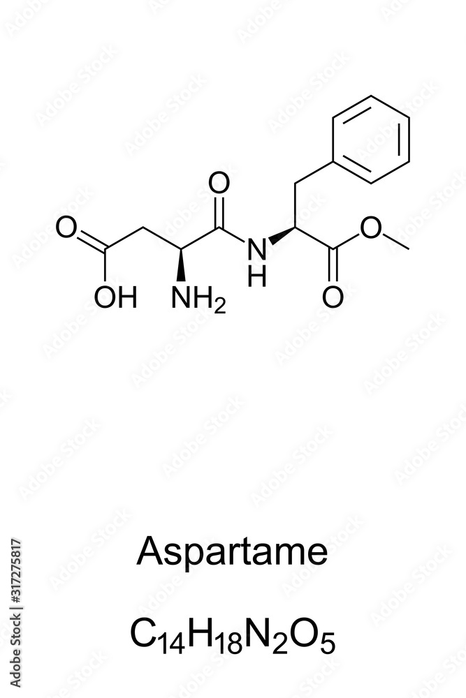 Aspartame molecule, skeletal formula. Structure of C14H18N2O5 ...