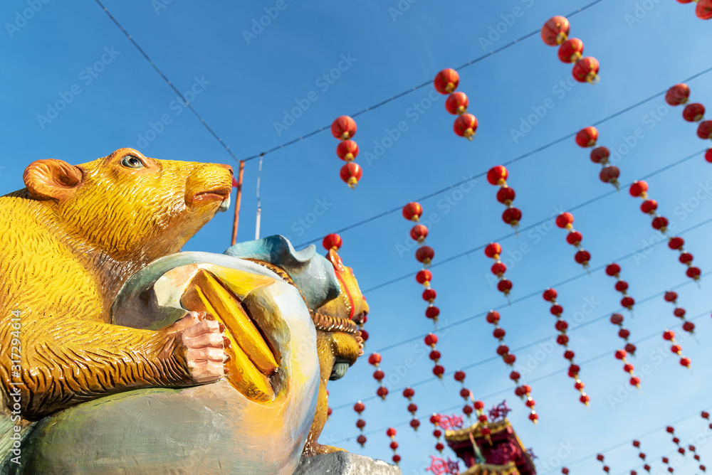 Rat statue and red lantern during Chinese New Year week at Peak Nam ...