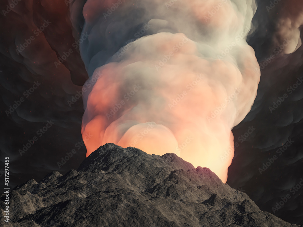 Volcano Eruption - 3d render illustration. Black, gray smog smoke ...