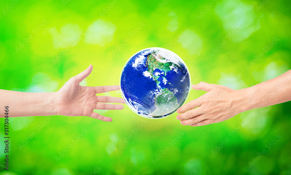 Together we teamwork can save our planet earth concept, women and man ...