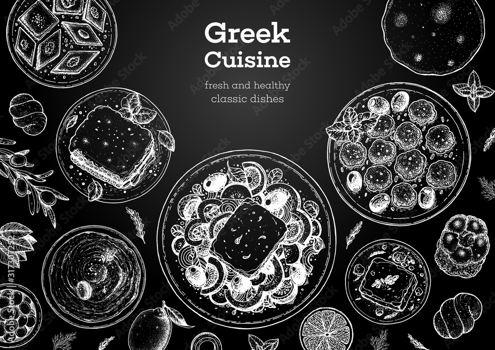 Greek cuisine top view frame. Set of greek dishes with greek salad ...