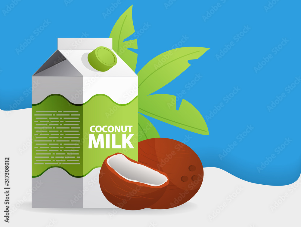 Non dairy. Coconut vegan milk in package cardboard bag. Plant based ...