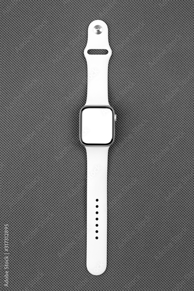 Smart watch with a blank white screen on a gray background. Stock Photo ...