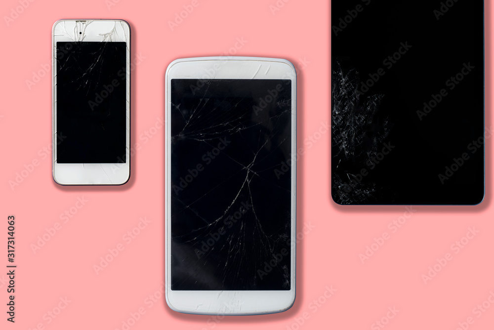 Broken screen on pink background, Smart phone with crashed monitor ...