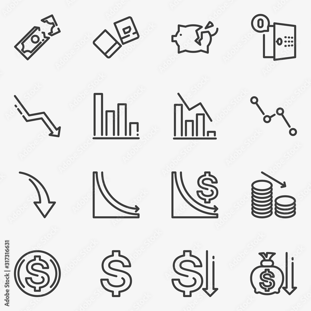Set of the financial crisis line vector icon isolated on white ...