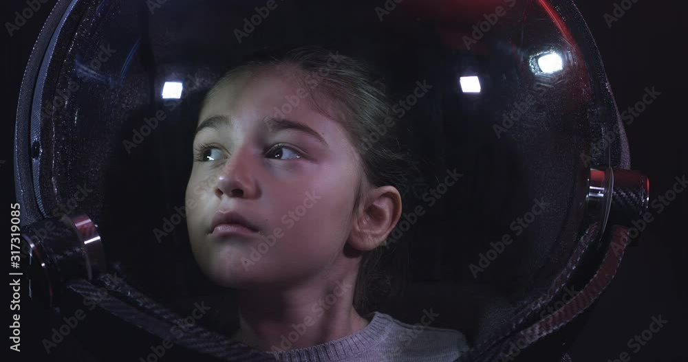 Close Up 4K Shot Of The Beautiful Little Girl Astronaut In Space Helmet ...