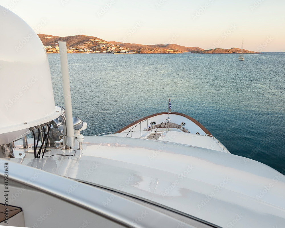 Luxury Yacht Flying Bridge.View from Flying bridge looking down on bow ...