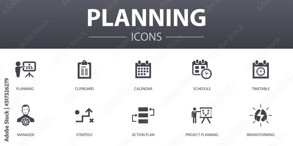 planning simple concept icons set. Contains such icons as calendar ...