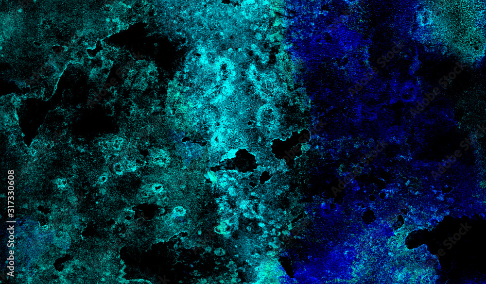 Dark glowing blue neon watercolor on black paper illustration ...