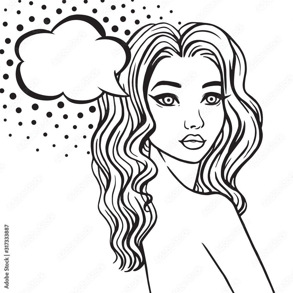Vector Line Art Beautiful Woman Curly Hair Naked No Makeup Woman With