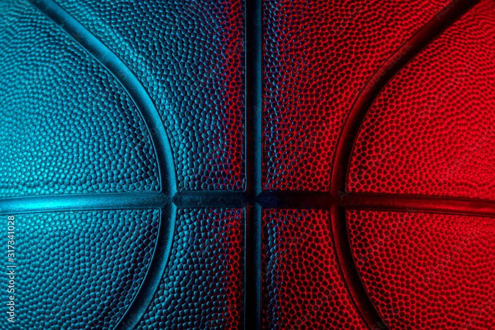 Closeup detail of basketball ball texture background. Blue neon Banner ...