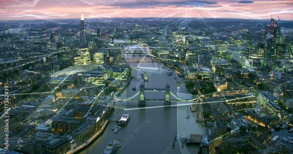 Vidéo Stock Aerial view of London Skyline with connections. Technology ...