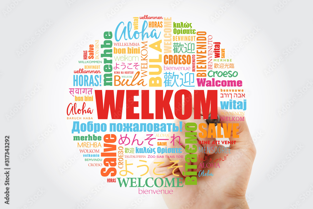 Welkom (Welcome in Afrikaans) word cloud with marker in different ...