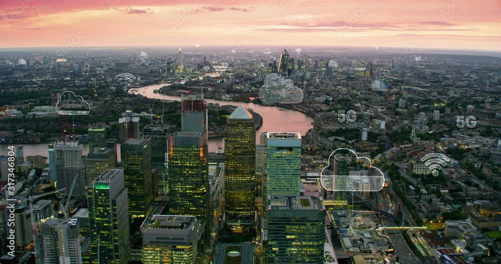 Futuristic city connected through 5G. High tech vision of London ...