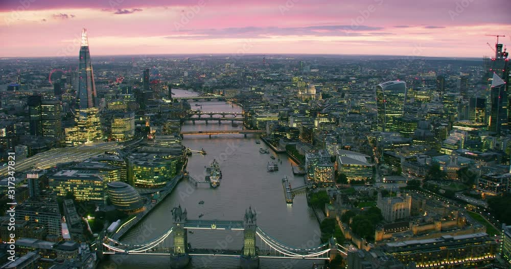 Aerial view of London famous landmarks.The city financial district with ...