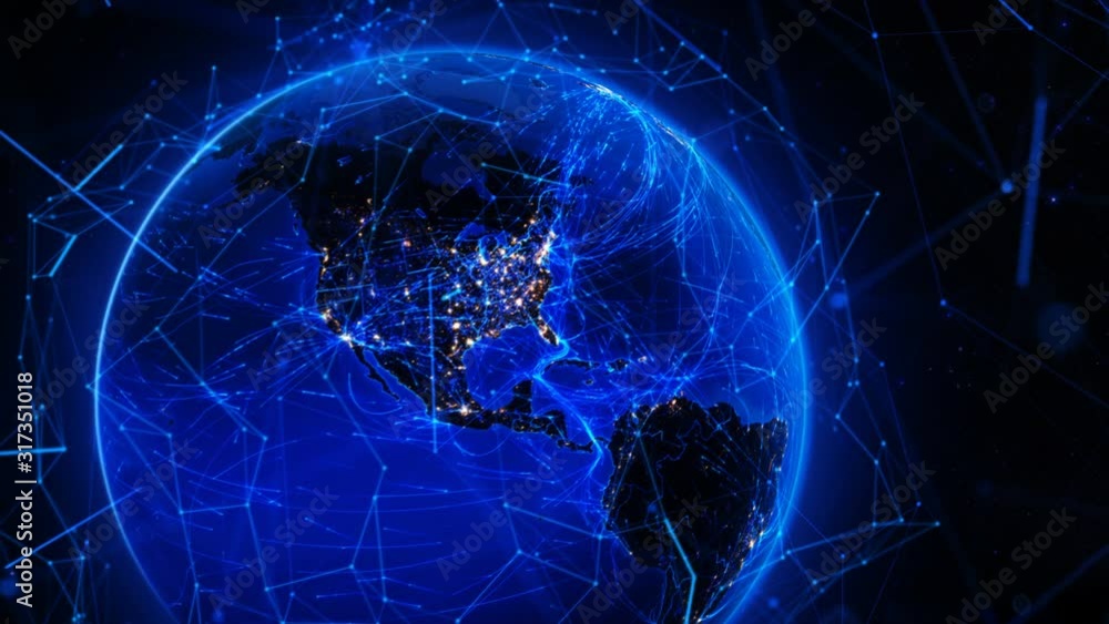 Rotating Earth with bright connections forming a world network. Europe ...