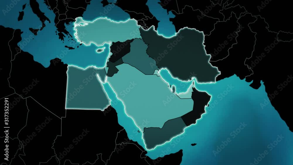Highly detailed map of the Middle East region, showing the countries ...