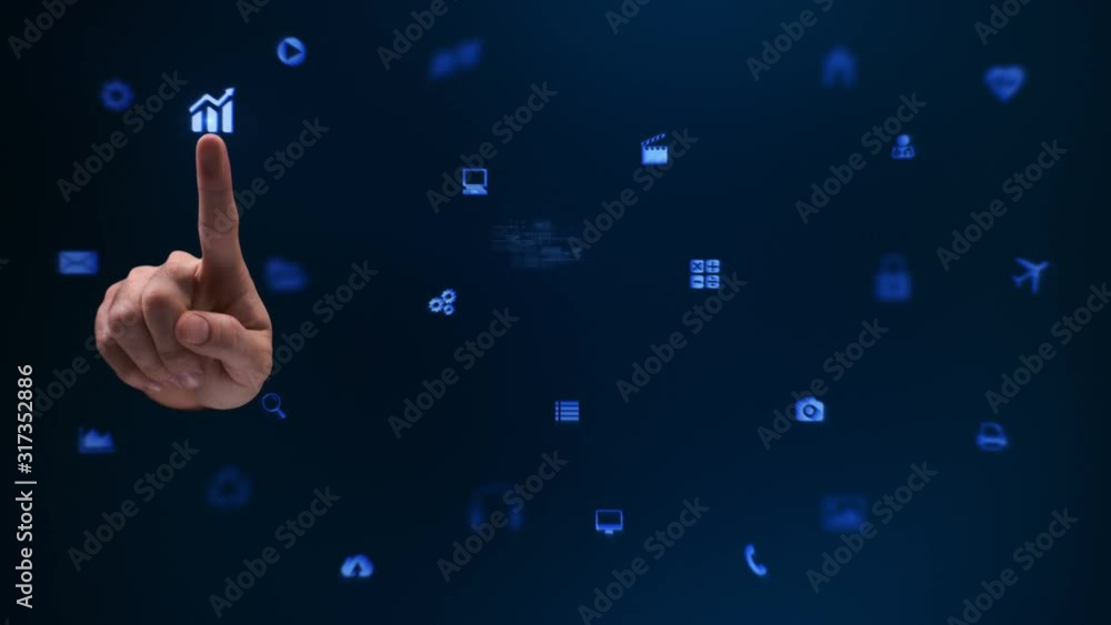 Male hand working on holographic interface. Financial. Blue. Man ...