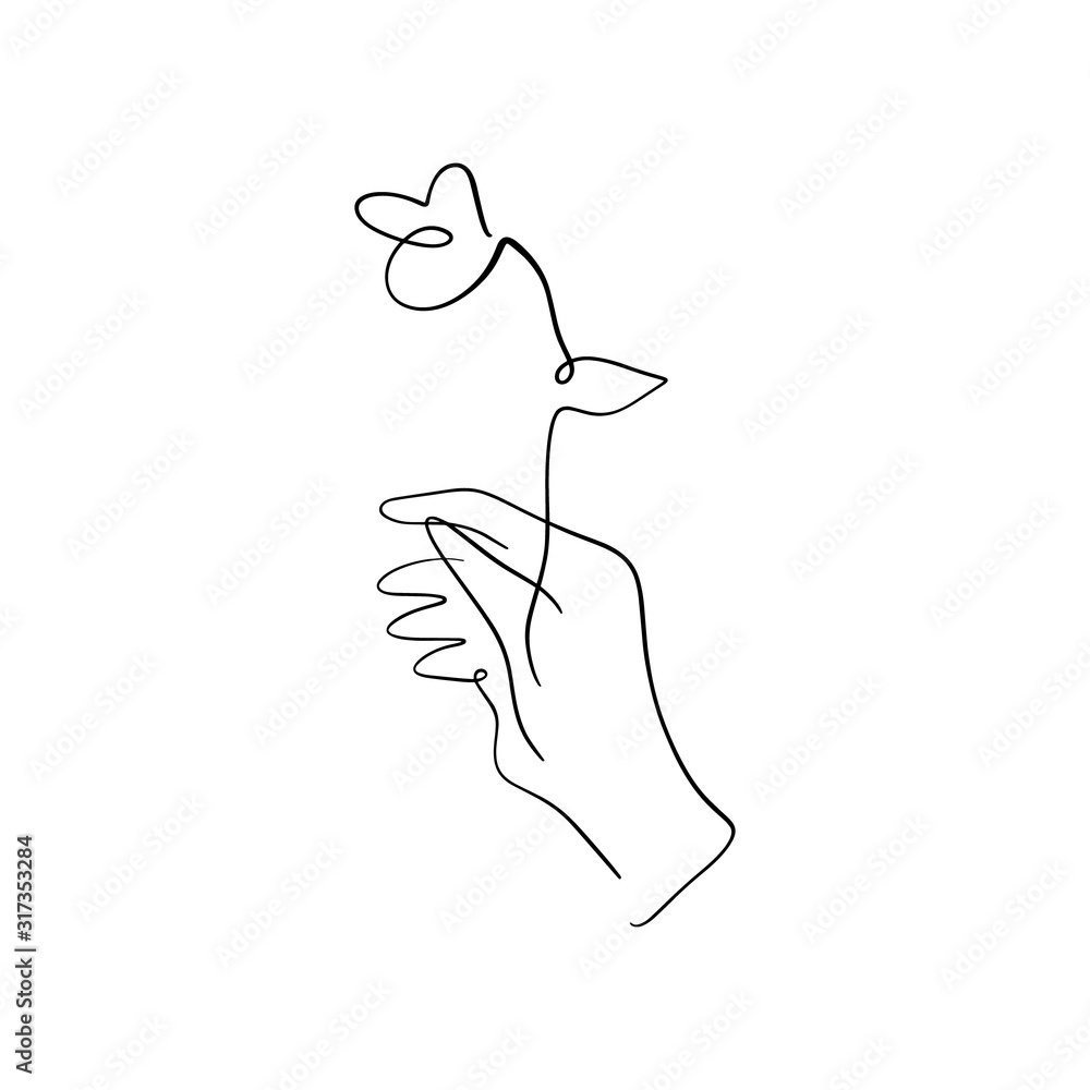 Hand holding flower. Contoured style. Line drawing logo or icon symbol ...