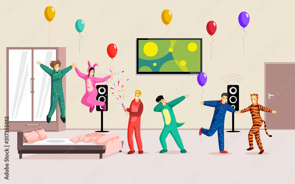 People at pajama party vector illustration. Joyful friends in funny ...