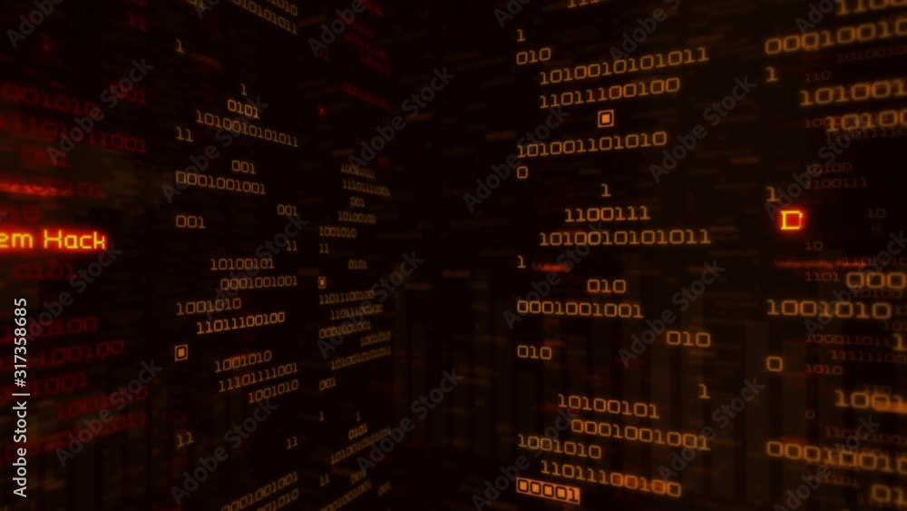 Binary data code animation showing warning messages in a virtual ...