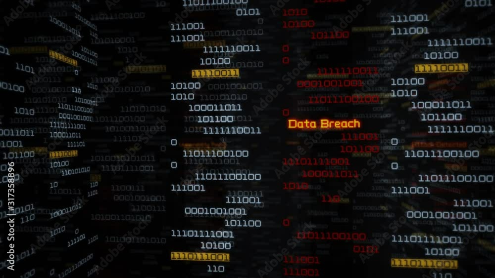 Binary data code animation showing warning messages in a virtual ...