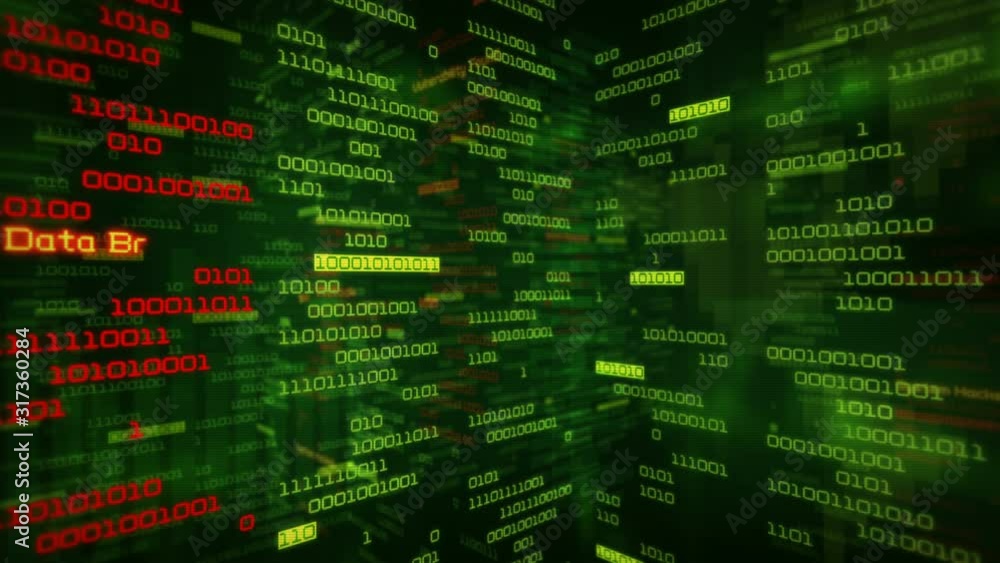Binary data code animation showing warning messages in a virtual ...