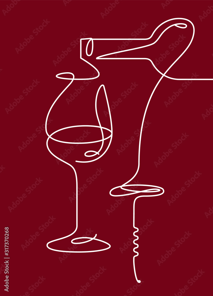 Single outline drawing with a bottle, wine glass, and a corkscrew ...