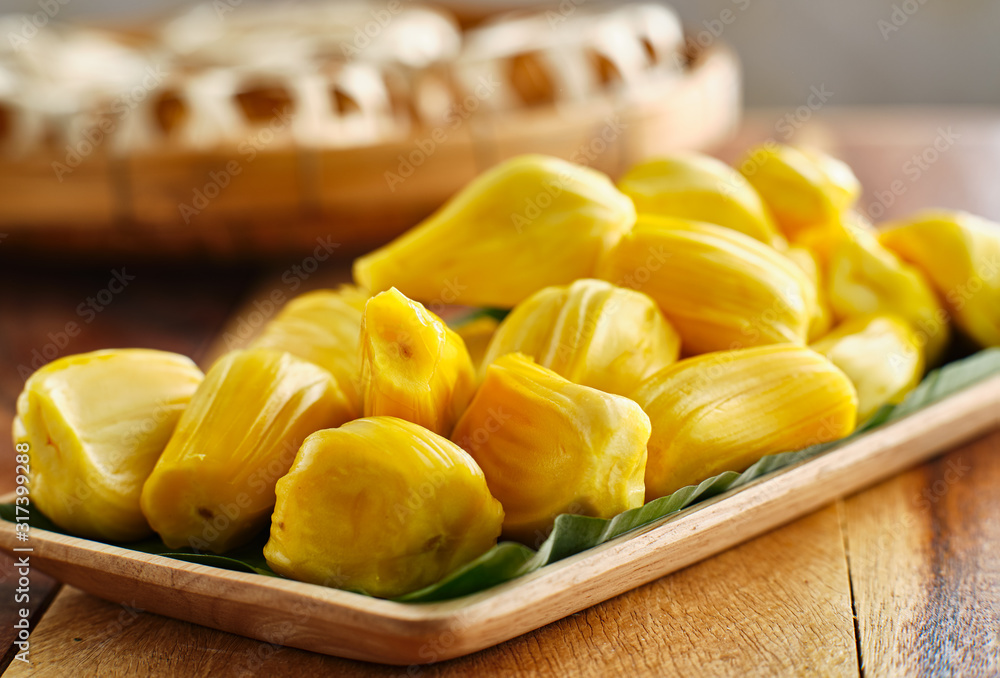 pile of peeled jackfruit on banana leaf serving tray, Stock Photo ...