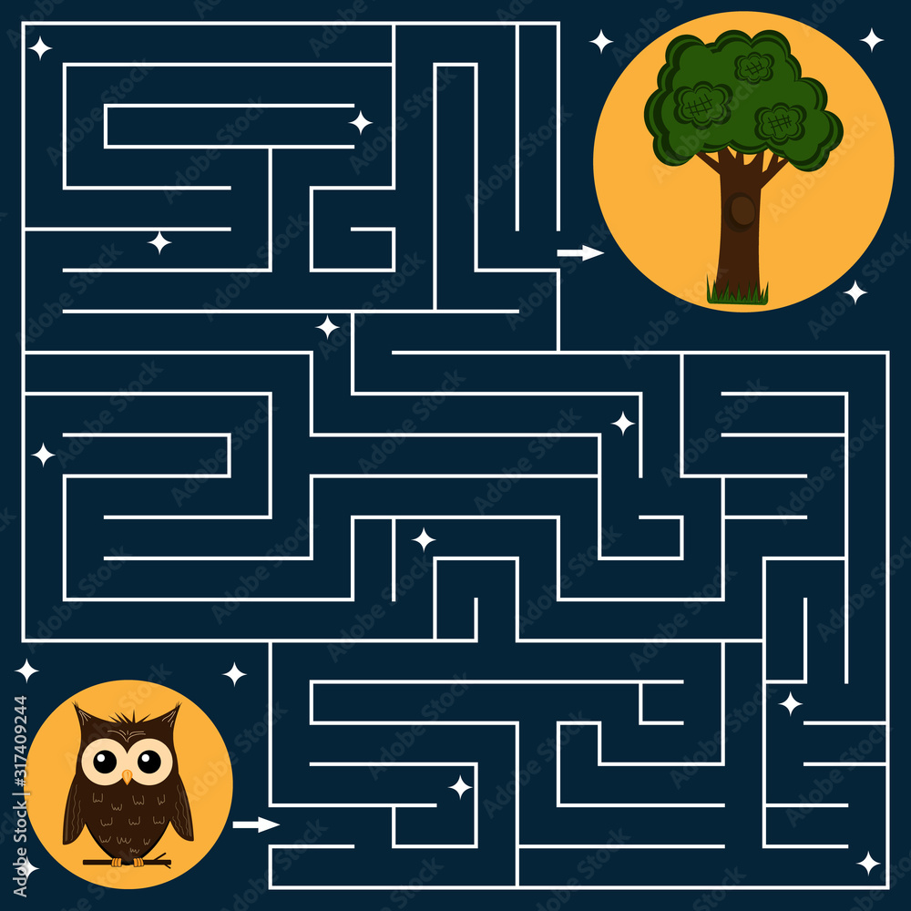 maze game for children on the theme of nature owl and tree, vector ...
