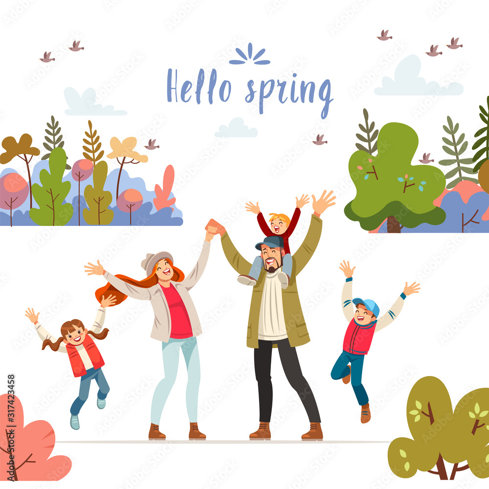 Big family in nature. Hello spring. Modern flat concept for web design ...