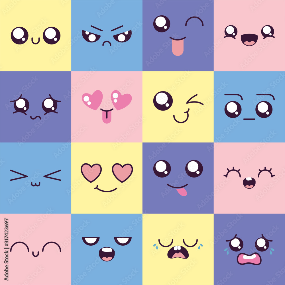 Kawaii cartoon face icon set inside frames vector design Stock Vector ...
