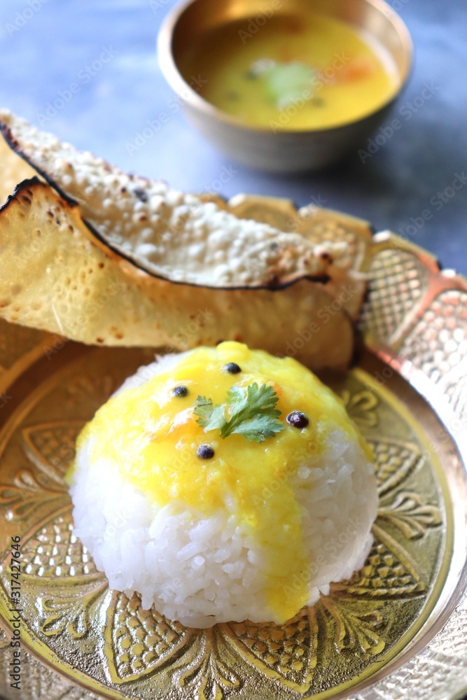 Healthy Indian comfort food Dal Chawal thali or Dal Rice. Served in ...