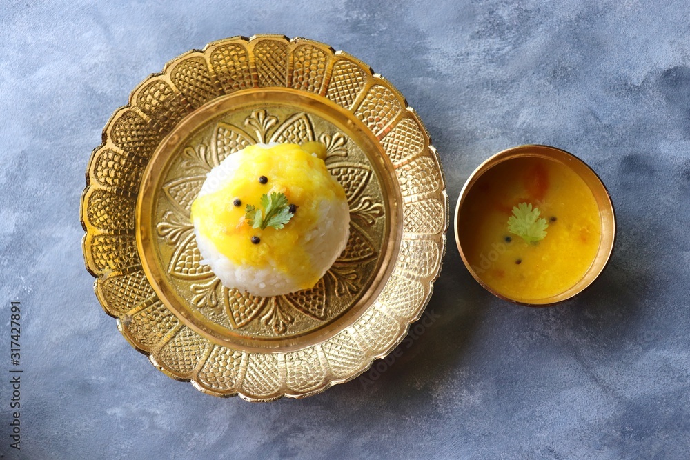 Healthy Indian comfort food Dal Chawal thali or Dal Rice. Served in ...