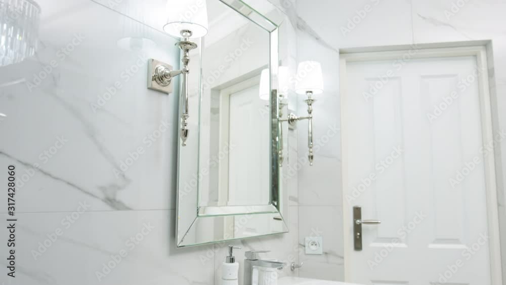 Modern house bathroom glamour design, mirror and marble wall ...