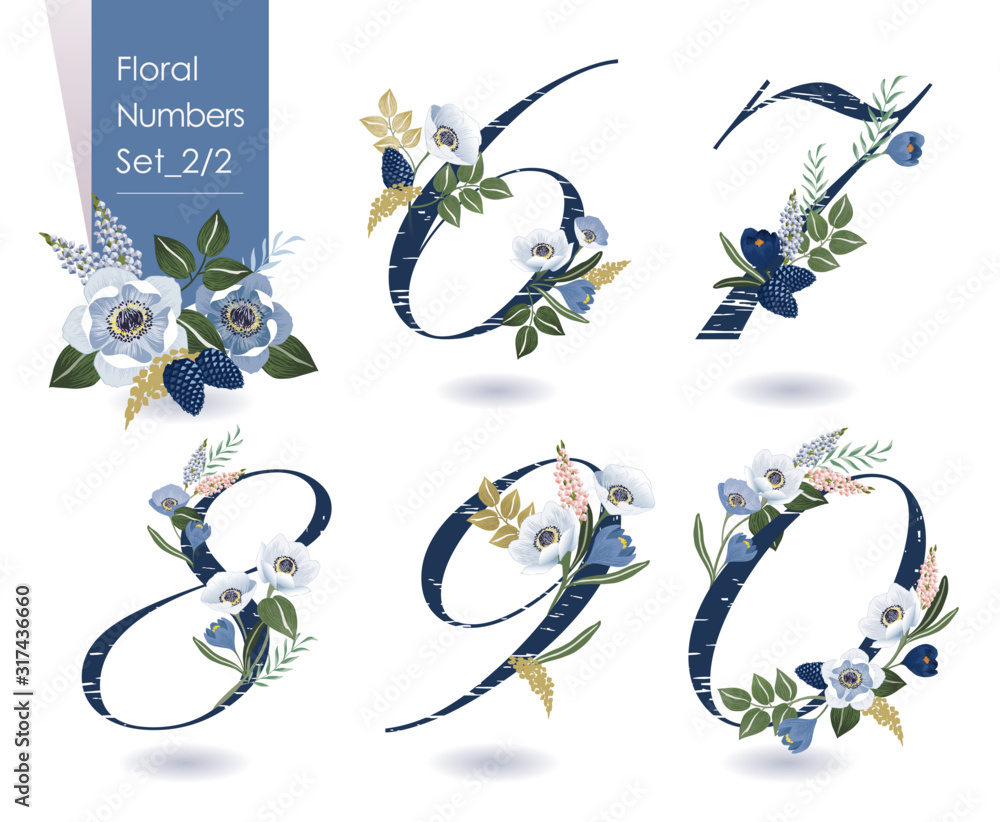 Vector illustration of floral numbers collection in spring. A set of ...