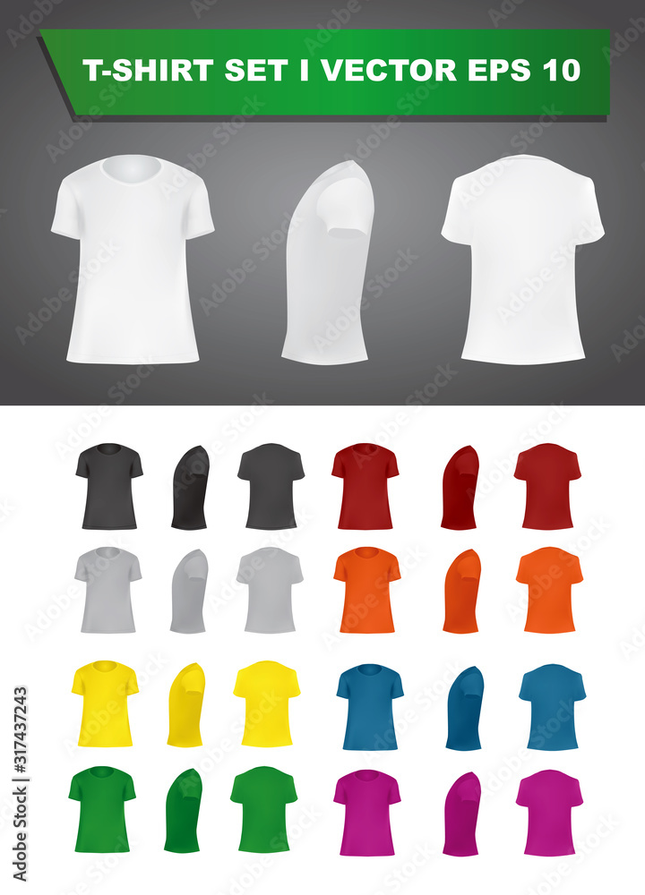 T-shirt template set of different colors, blank shirts front, side ...
