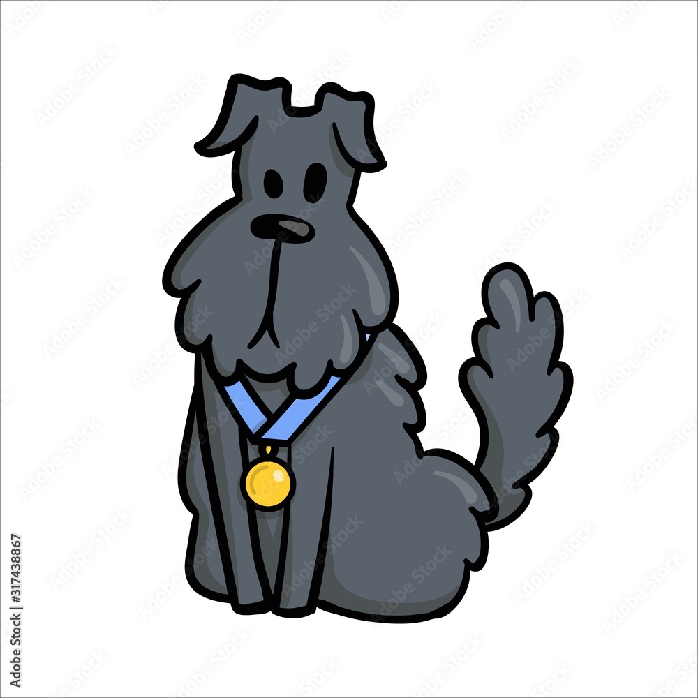 Cute cartoon black dog with gold medal on the neck. Champion with award on a collar. Flat vector ...